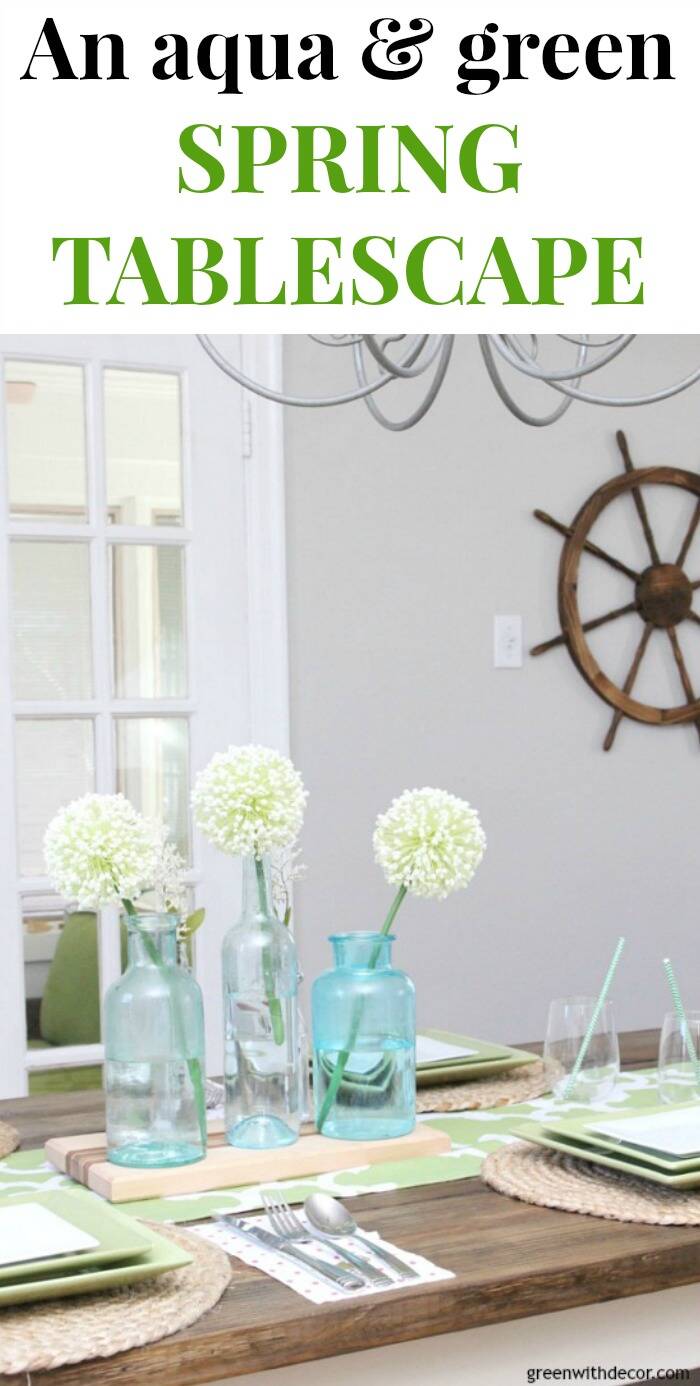 An aqua and green coastal tablescape - Green With Decor